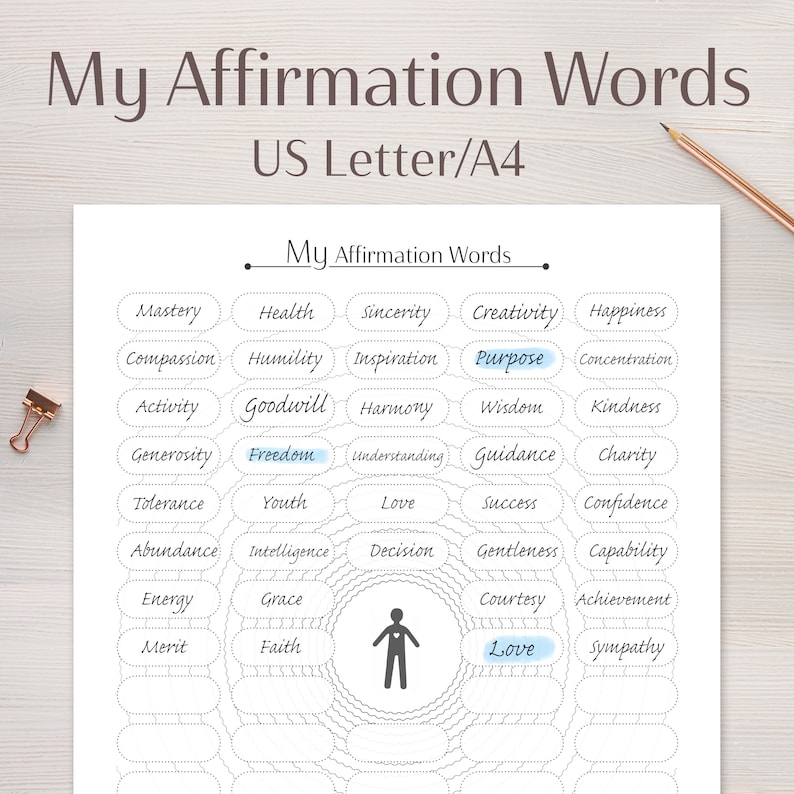 My Affirmation Words Printable Mindful Planner US Letter A4 Daily ...