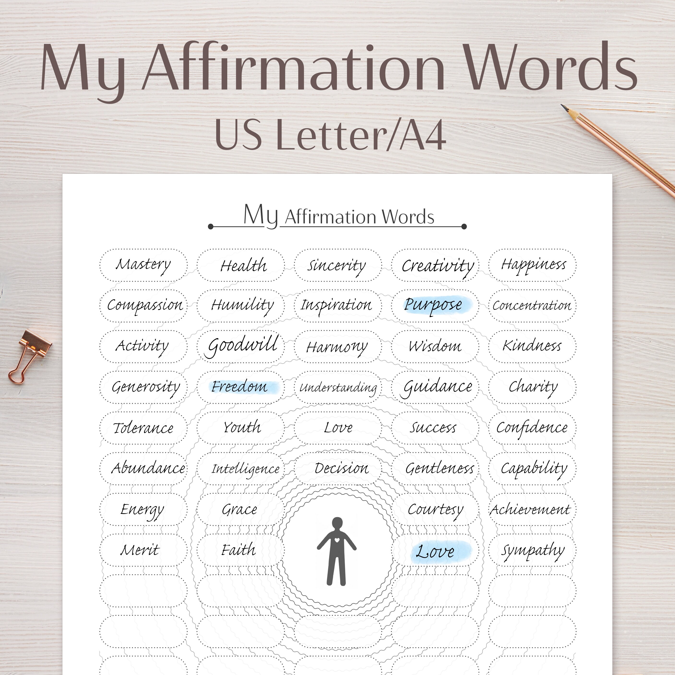 My Affirmation Words Printable | Mindful Planner | US Letter A4 | Daily ...