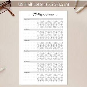 30 Day Tracker Printable | A5 US Half Letter | 30 Day Challenge Sheet ...