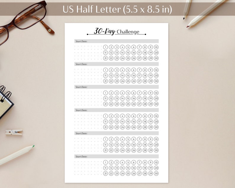 30 Day Tracker Printable A5 US Half Letter 30 Day Challenge Sheet Habit ...