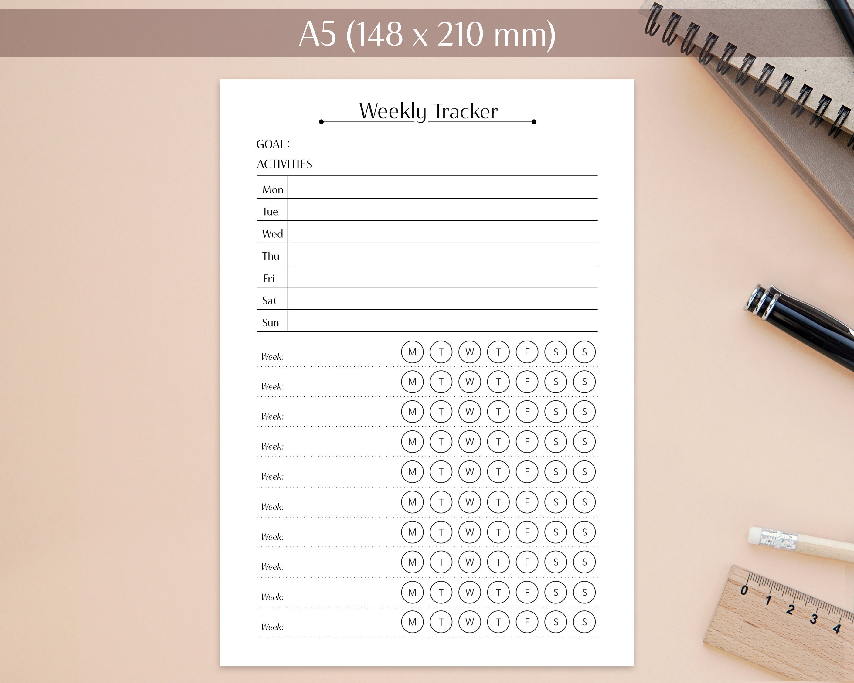 Weekly Tracker Printable | A5 US Half Letter | 7-day Challenge | Habit ...