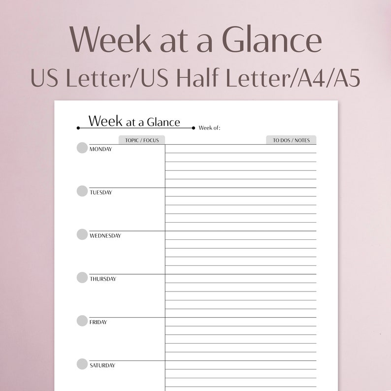 Week at a Glance Printable | A4 A5 US Letter US Half Letter | Weekly ...