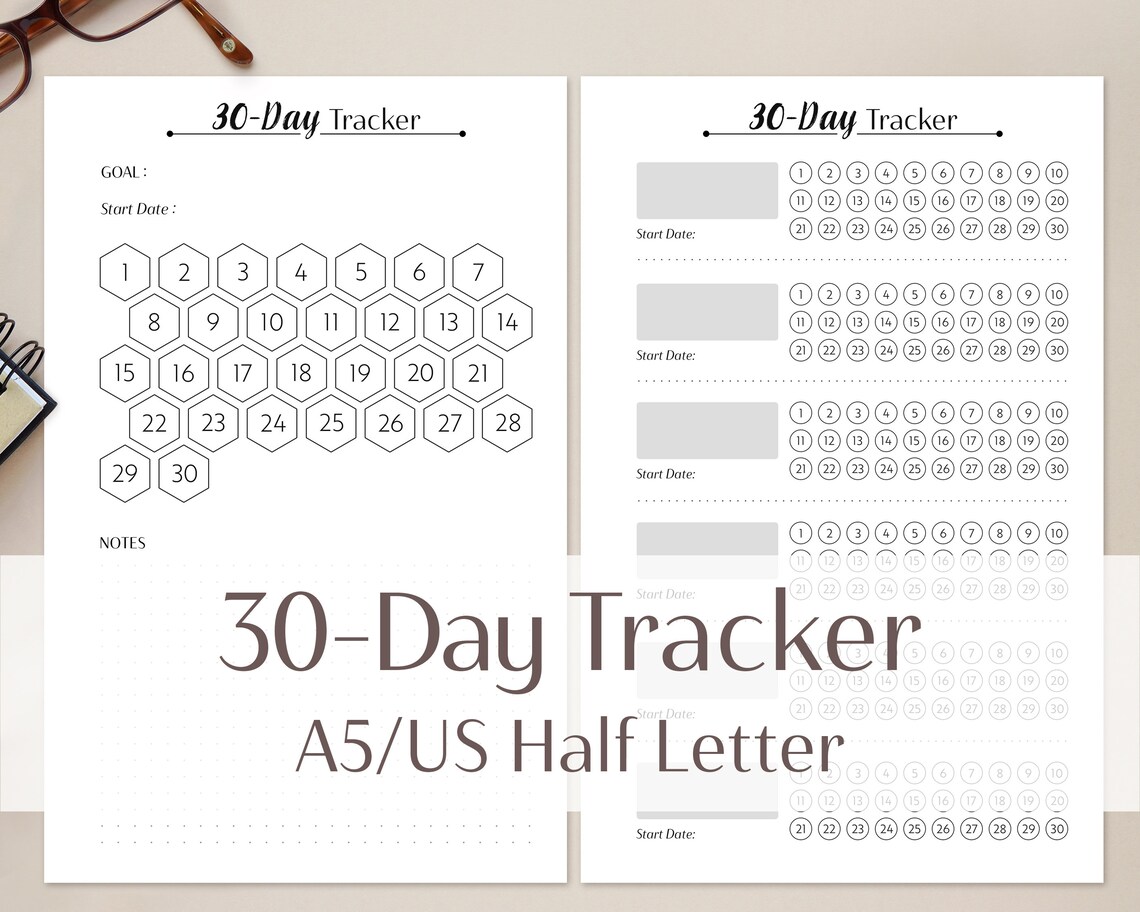30 Day Tracker Printable A5 / US Half Letter 30 Day - Etsy
