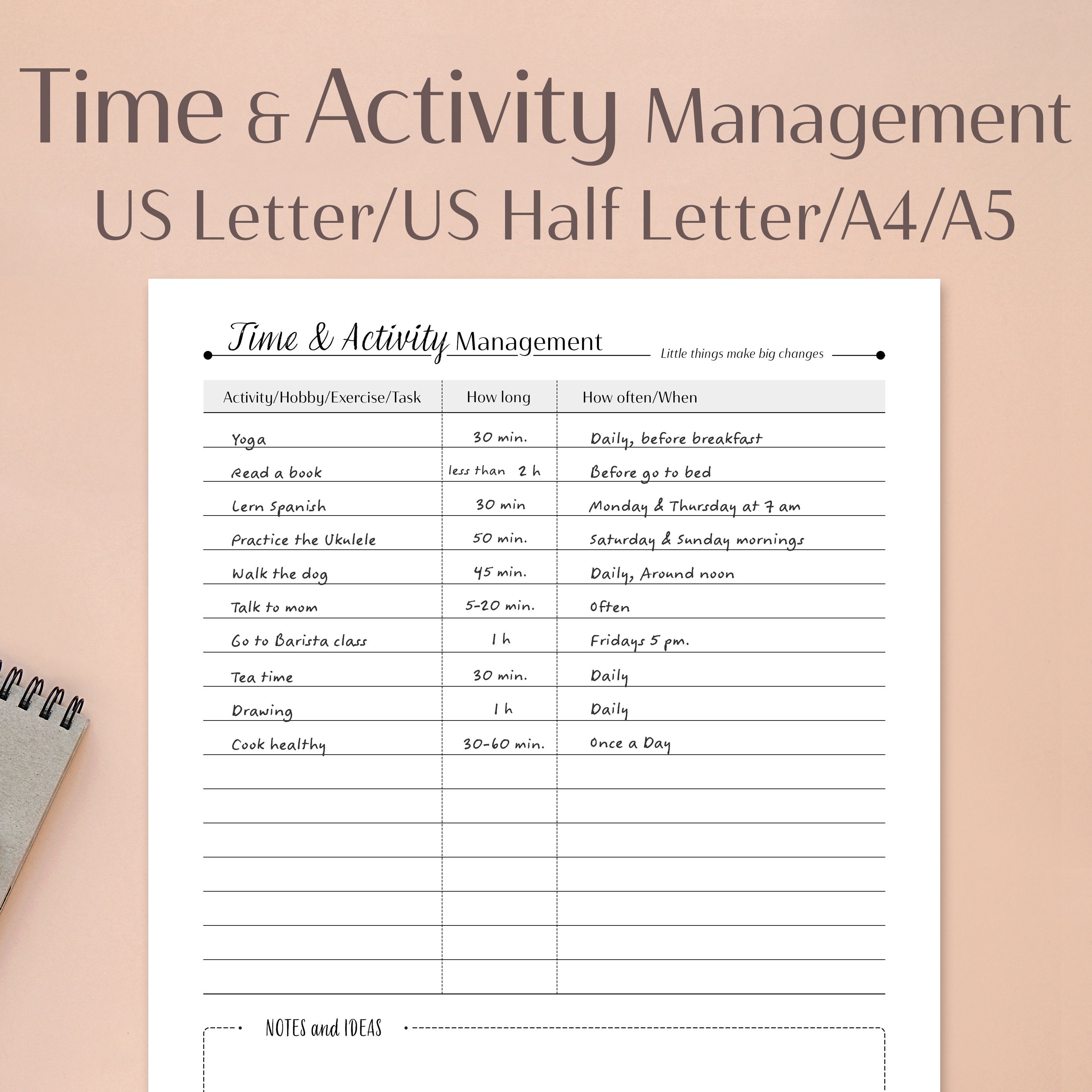 Time & Activity Management Printable A4 A5 US Letter US Half Letter ...