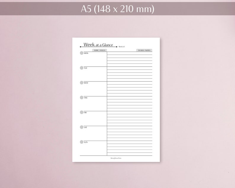 Week at a Glance Printable | A4 A5 US Letter US Half Letter | Weekly ...