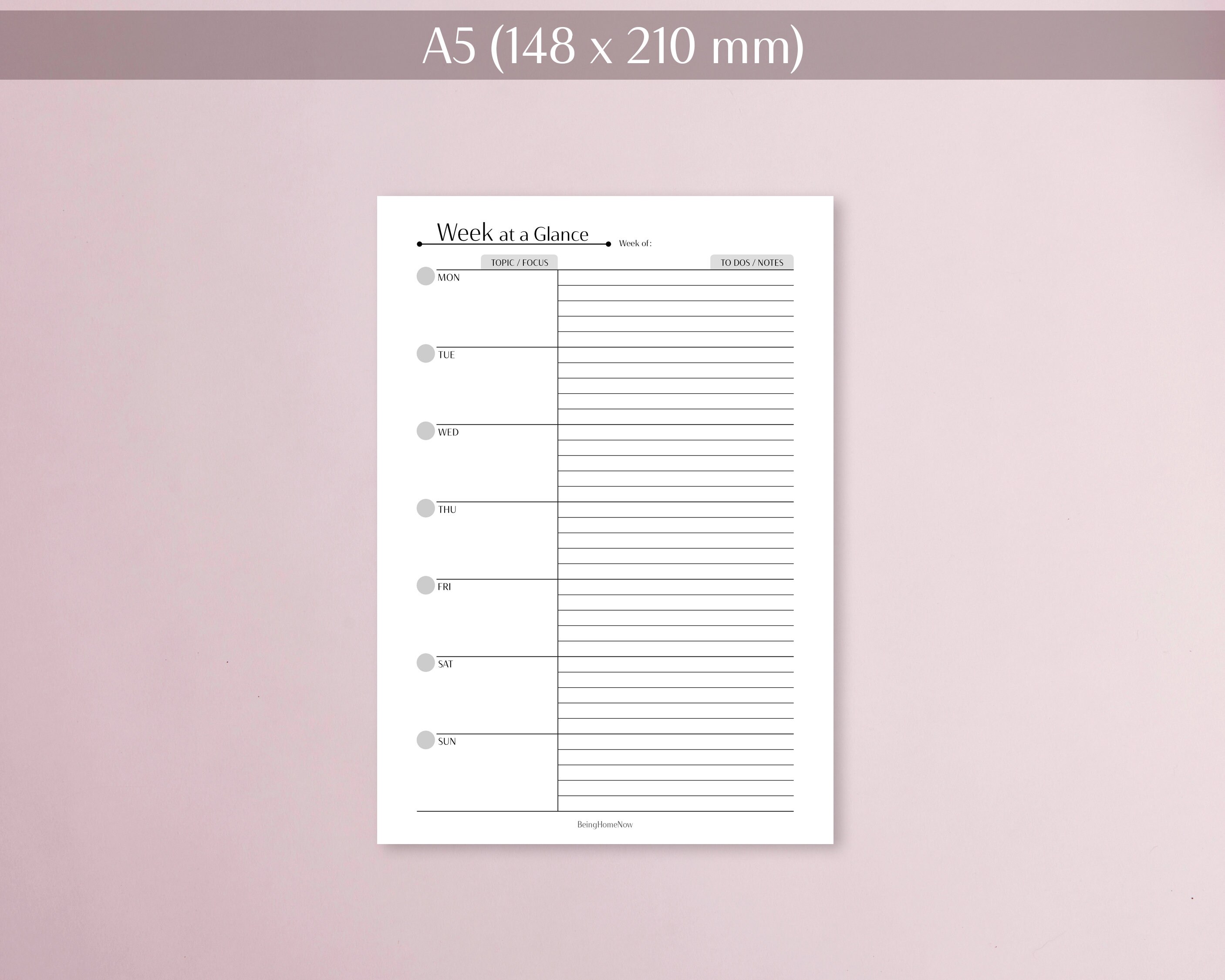 Week at a Glance Printable | A4 A5 US Letter US Half Letter | Weekly ...