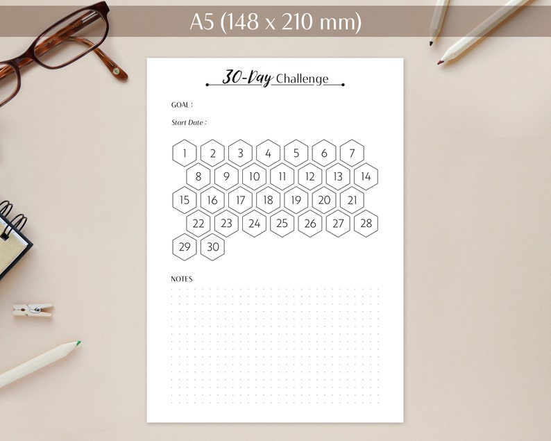 30 Day Tracker Printable A5 US Half Letter 30 Day Challenge Sheet Habit ...