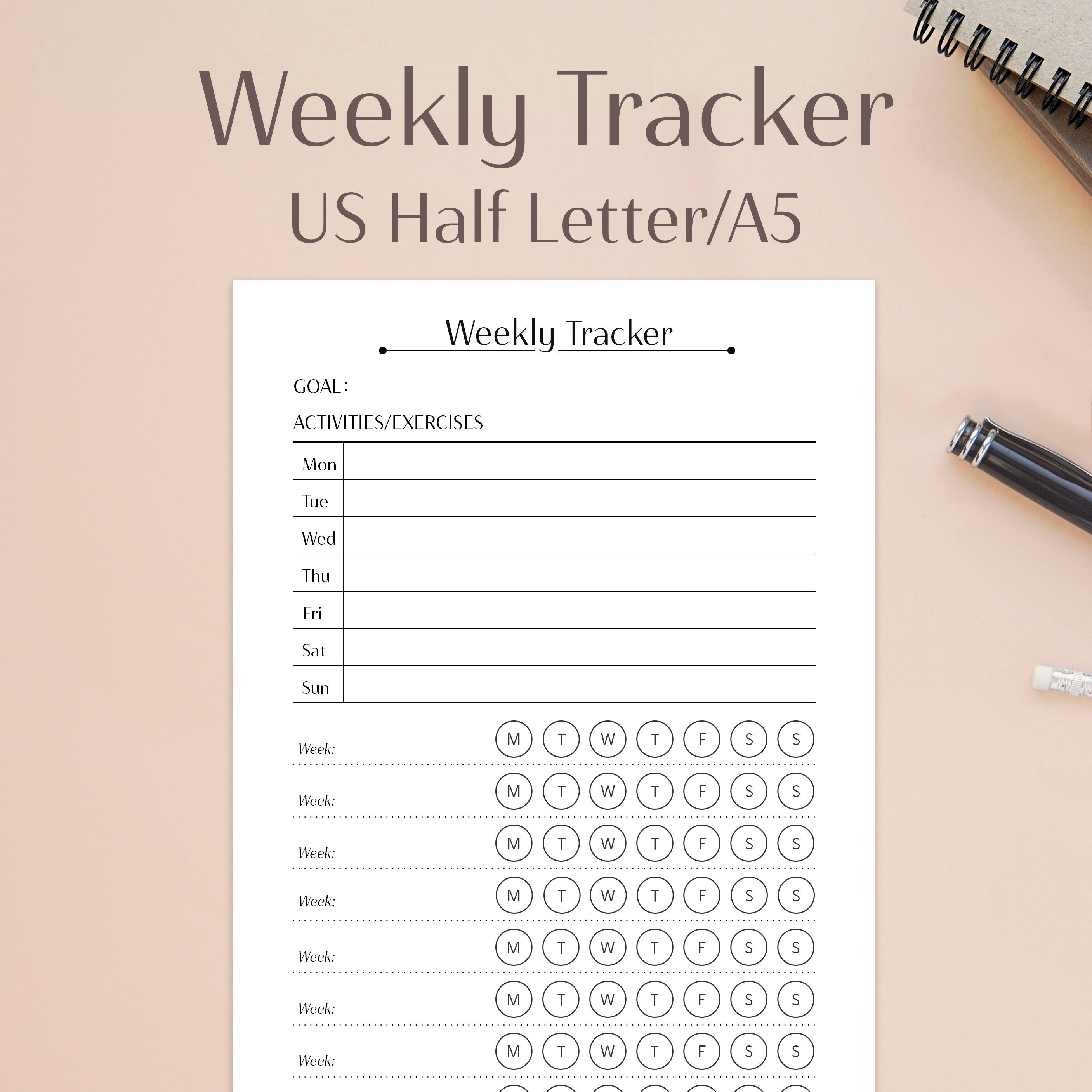 Weekly Tracker Printable | A5 US Half Letter | 7-day Challenge | Habit ...