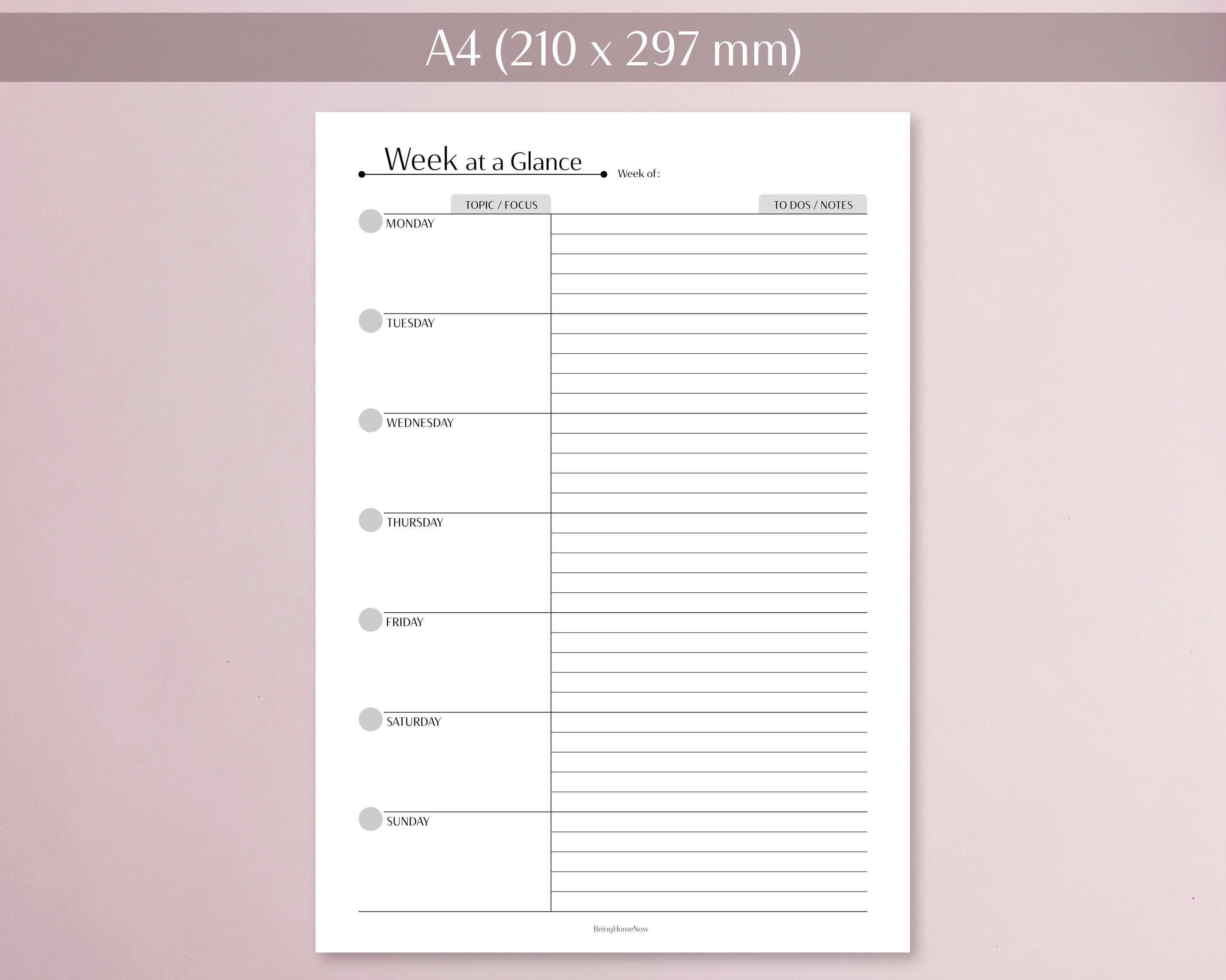 Week at a Glance Printable | A4 A5 US Letter US Half Letter | Weekly ...