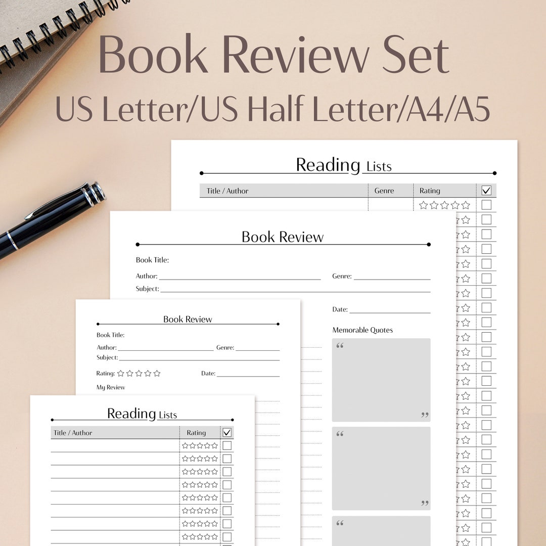 Book Review Set Printable | A4 A5 US Letter Half Letter | Reading ...