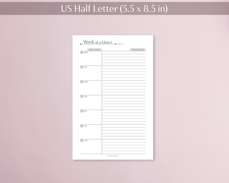 Week at a Glance Printable | A4 A5 US Letter US Half Letter | Weekly ...