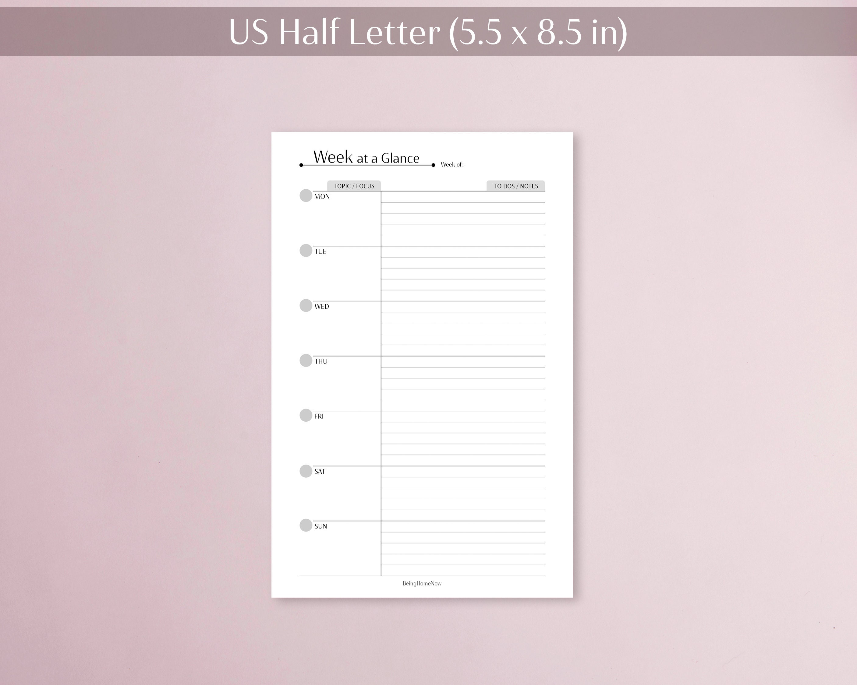 Week at a Glance Printable | A4 A5 US Letter US Half Letter | Weekly ...