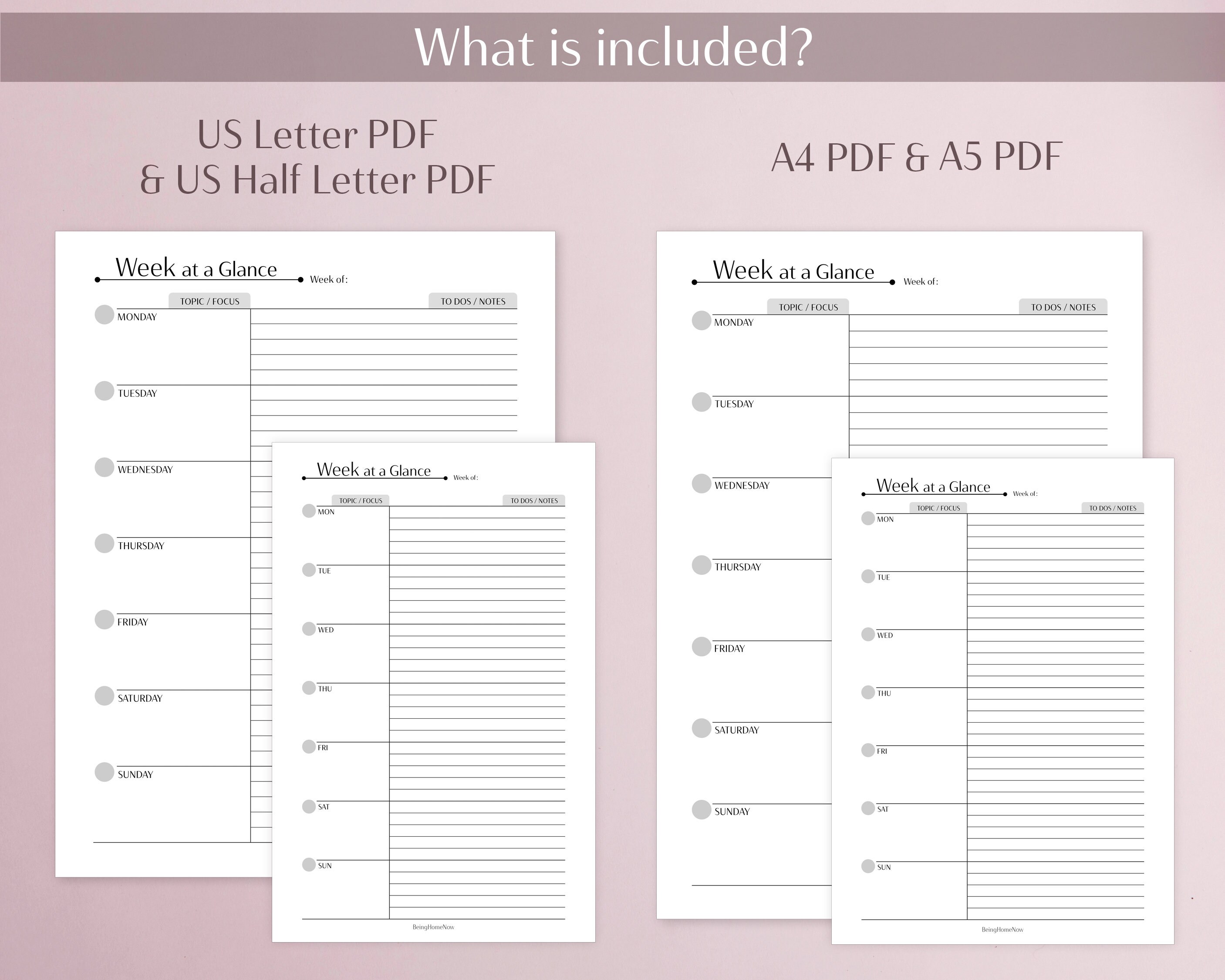 Week at a Glance Printable | A4 A5 US Letter US Half Letter | Weekly ...