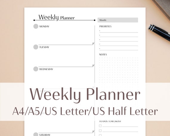 Weekly Planner Printable A4 A5 US Letter US Half Letter - Etsy