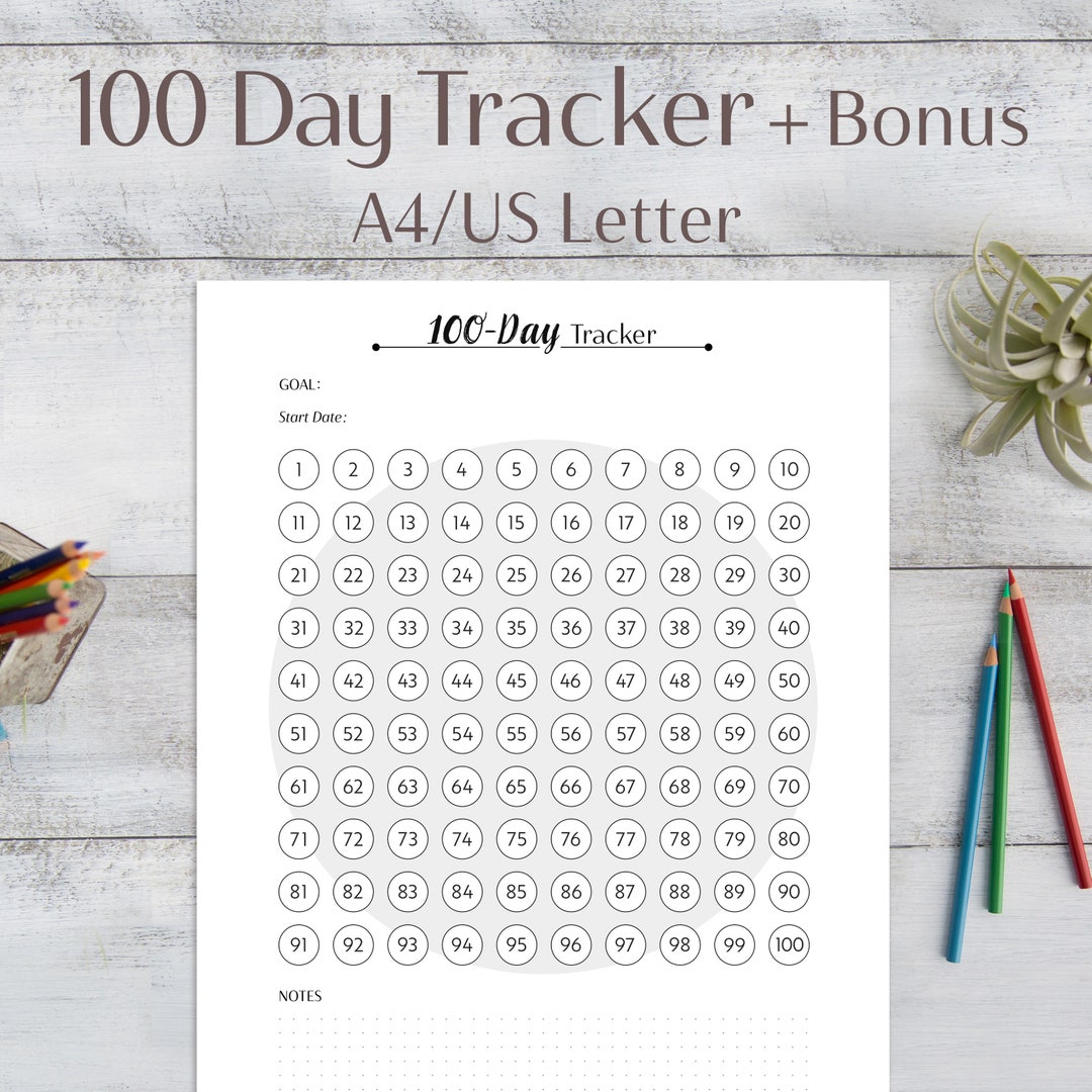 100 Day Tracker Printable | A4 US Letter | 100-day Challenge Sheet ...