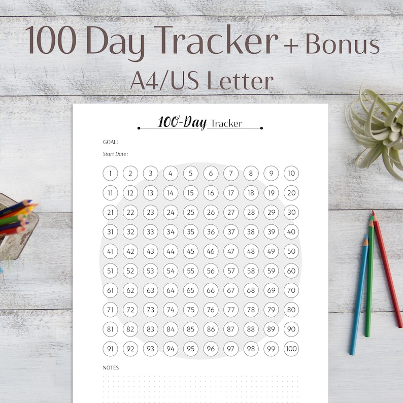 100 Day Tracker Printable A4 US Letter 100-day Challenge Sheet Habit ...