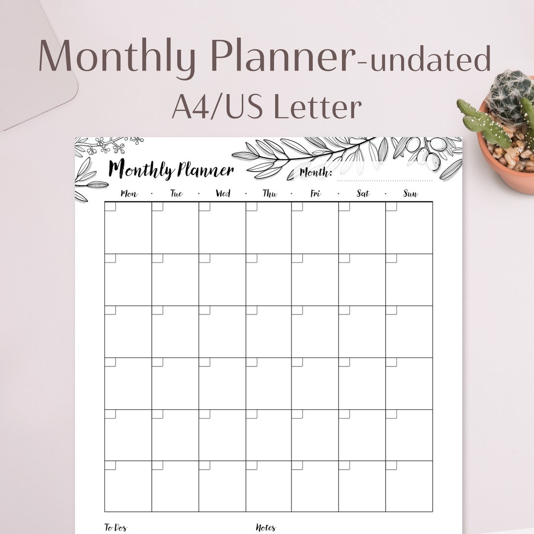 Monthly Planner Printable | Undated Calendar | Vertical Monthly Planner ...