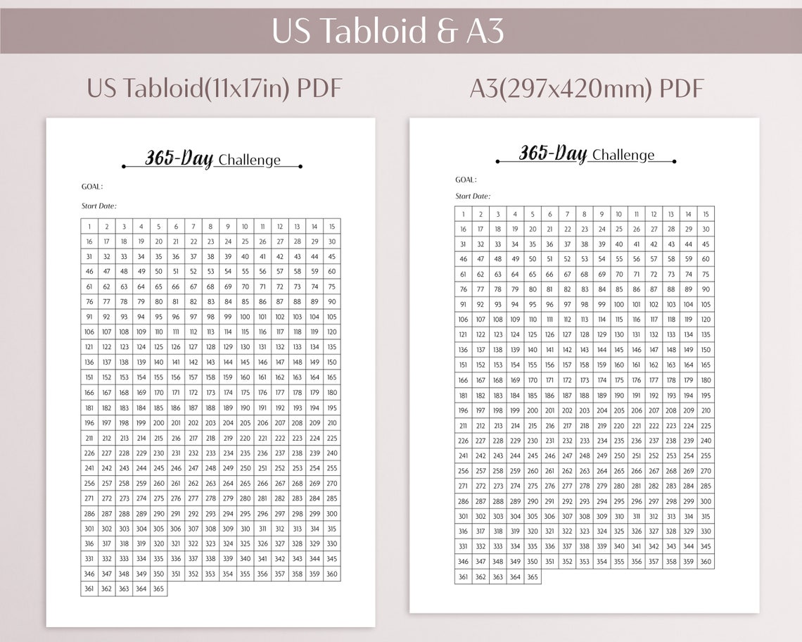 365 Day Challenge Printable | A3 A4 US Tabloid US Letter | 365 Trackers ...
