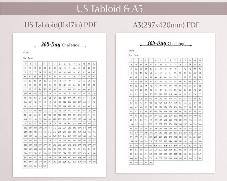 365 Day Challenge Printable | A3 A4 US Tabloid US Letter | 365 Trackers ...