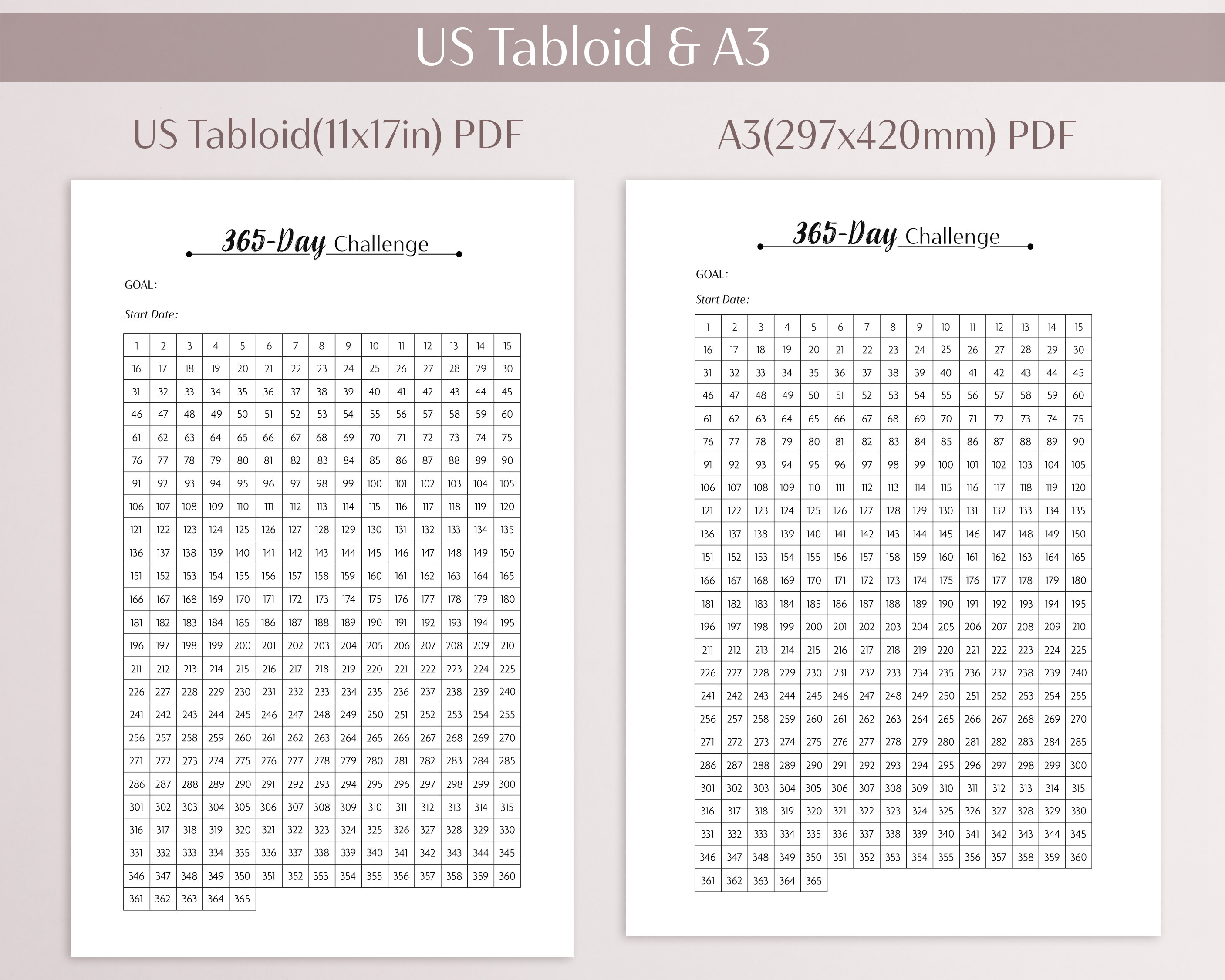 365 Day Challenge Printable | A3 A4 US Tabloid US Letter | 365 Trackers ...