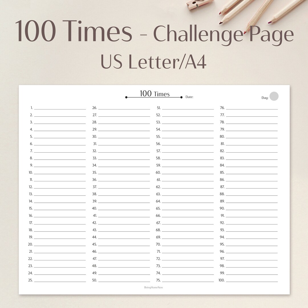100 Times - Challenge Page Printable / US Letter, A4 / Daily ...