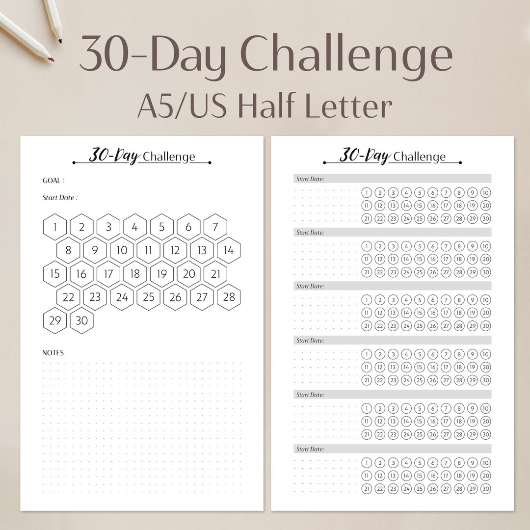 30 Day Tracker Printable | A5 US Half Letter | 30 Day Challenge Sheet ...