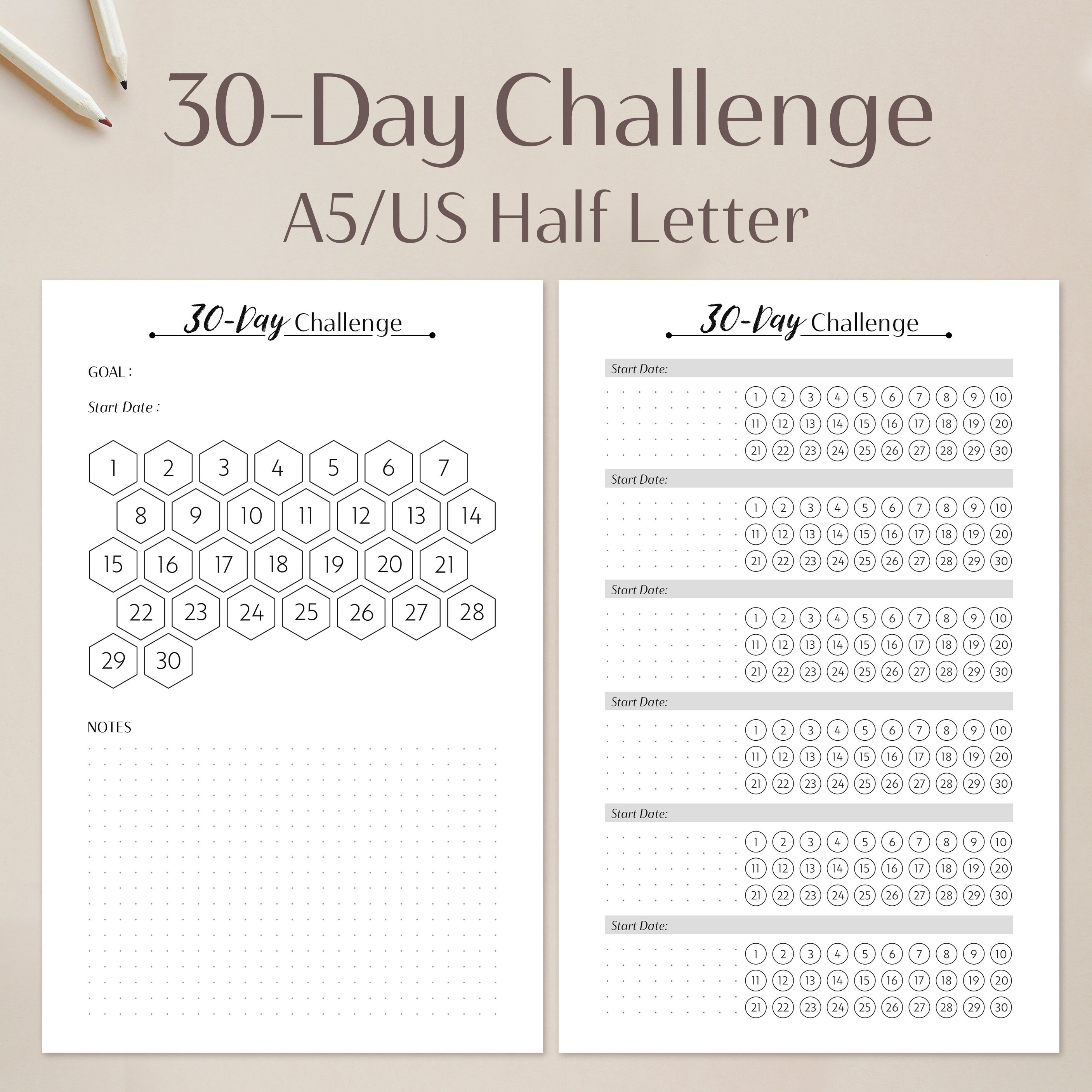 30 Day Tracker Printable A5 US Half Letter 30 Day Challenge Sheet Habit ...