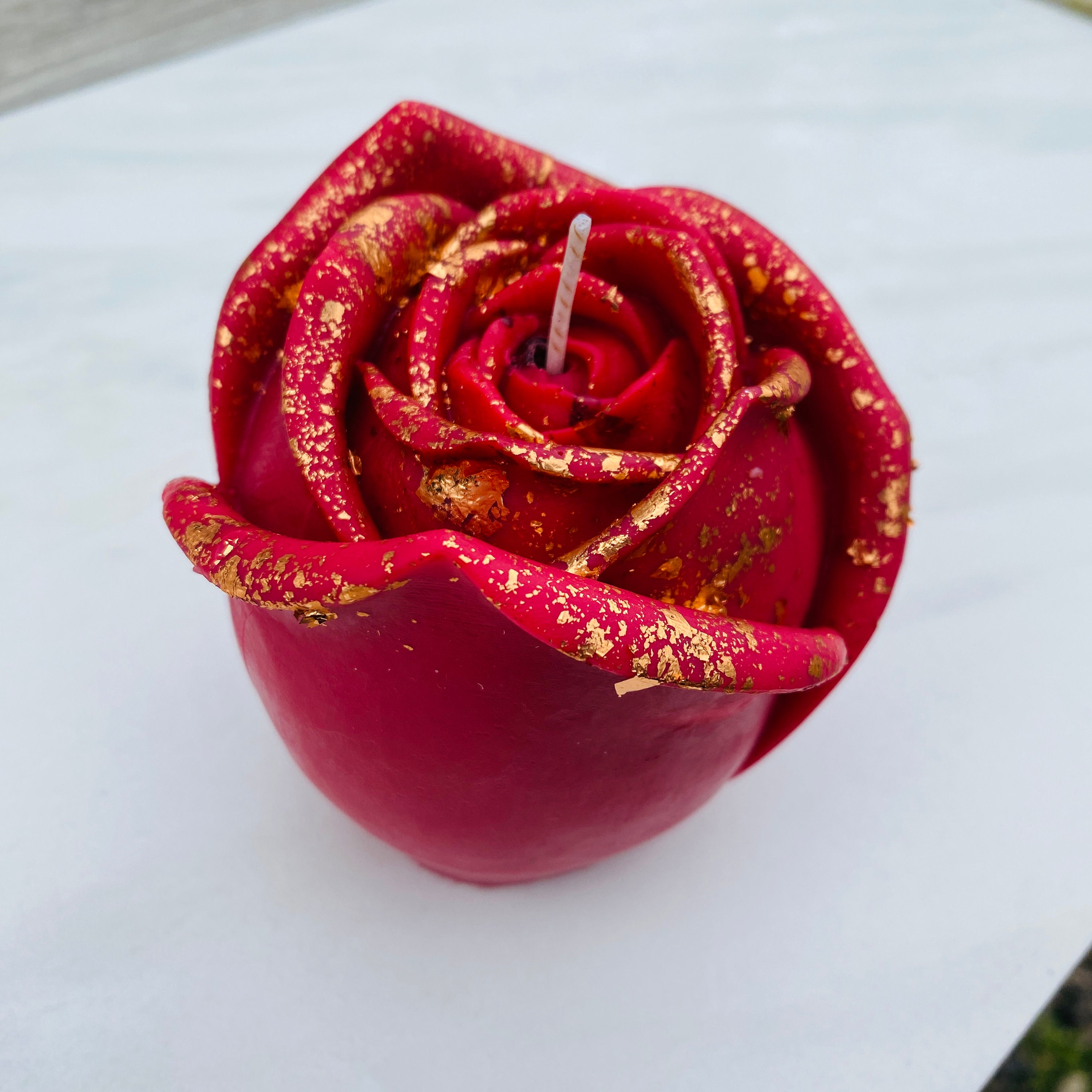 Red Rose Candle Pillar Gold Foiled Scented Flower Mini Soy Decorative ...
