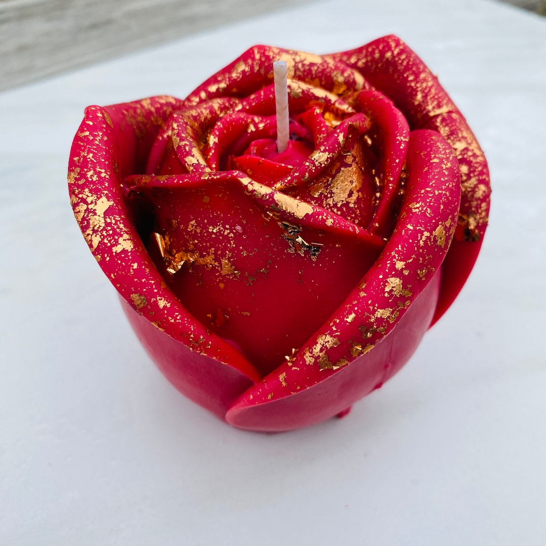 Red Rose Candle Pillar Gold Foiled Scented Flower Mini Soy Decorative ...