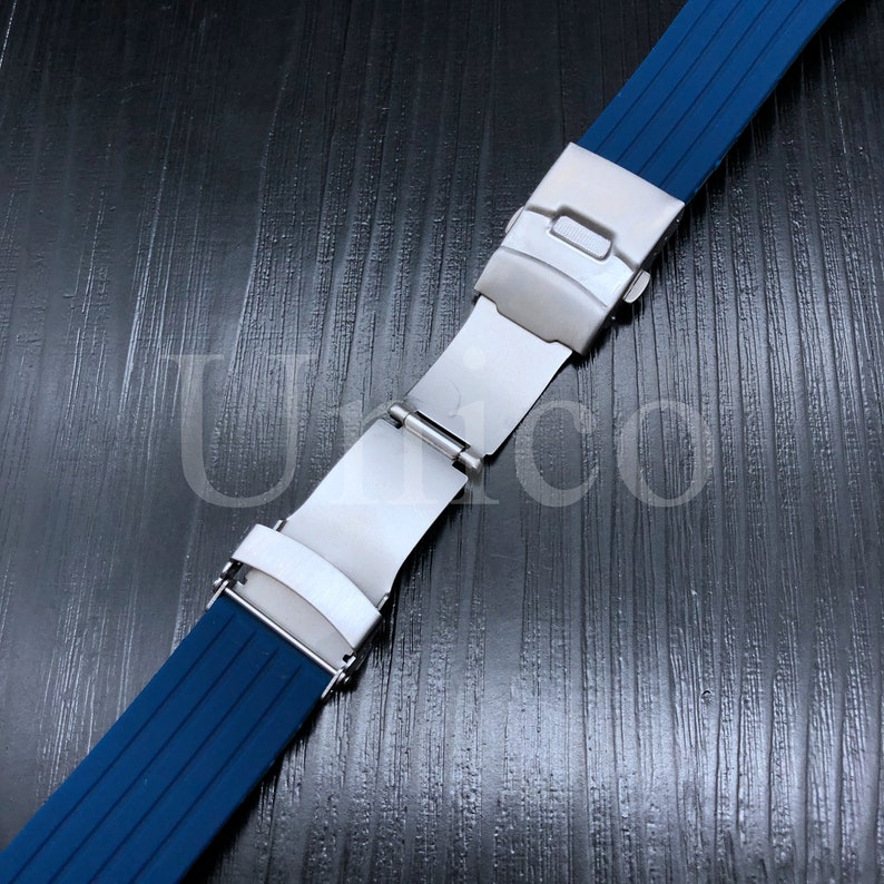20 MM Dark Blue Rubber Watch Strap Silver Deployment Clasp - Etsy