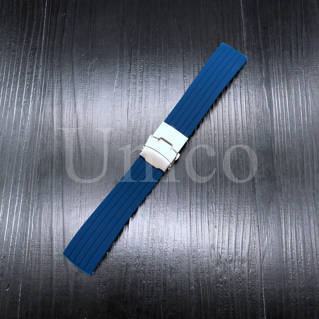 20 MM Dark Blue Rubber Watch Strap Silver Deployment Clasp - Etsy