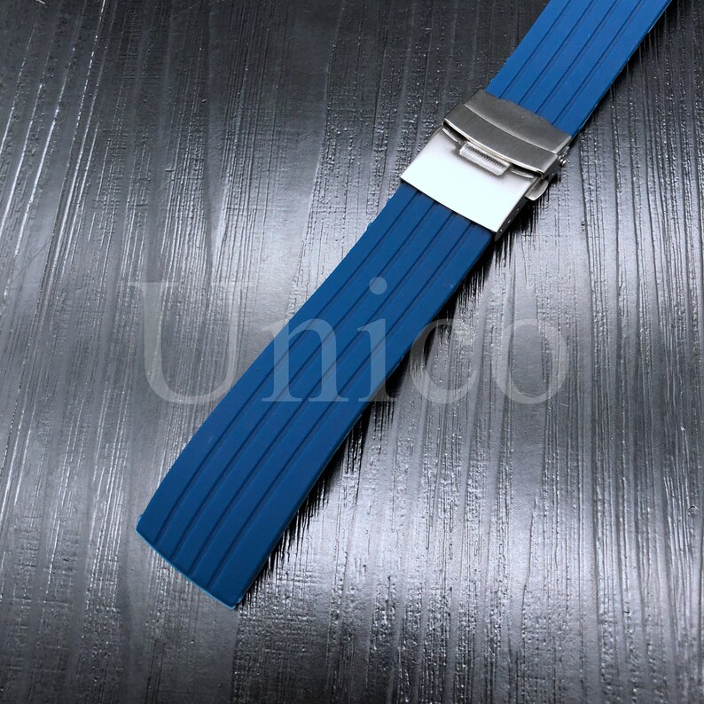 20 MM Dark Blue Rubber Watch Strap Silver Deployment Clasp - Etsy