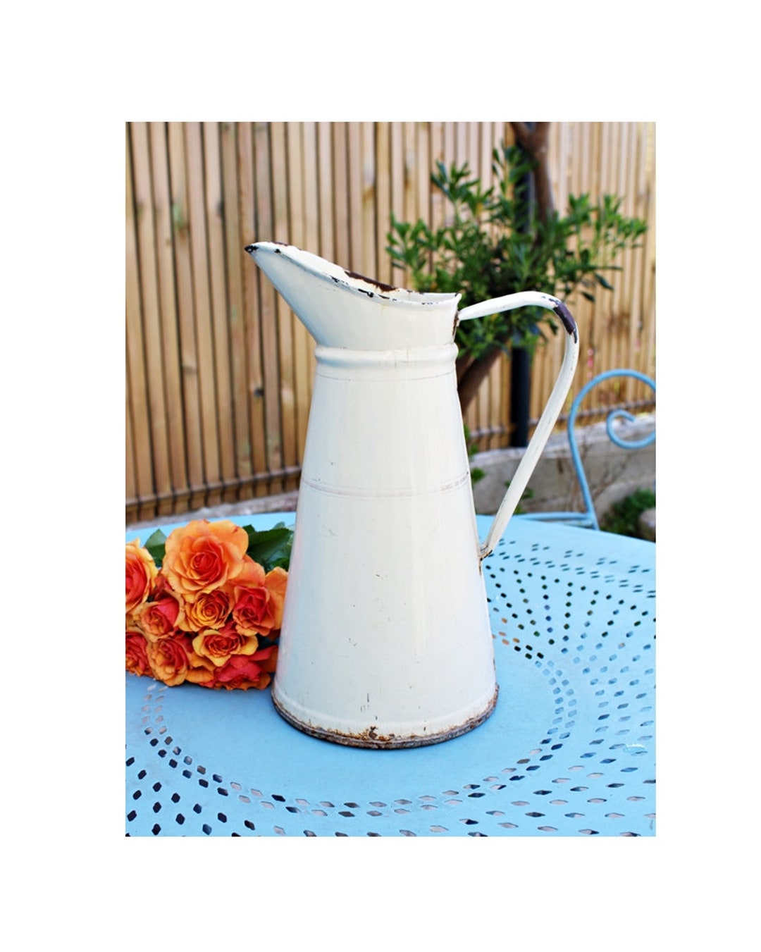 Large Old Enameled Pitcher Beige Metal Water Pitcher - Etsy