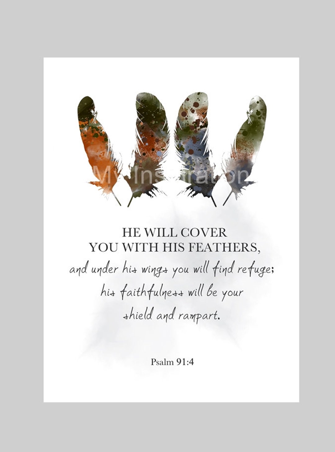 He Will Cover You With His Feathers, ART PRINT, Psalm 91:4, Bible Verse ...