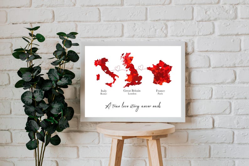 Personalised Three Country Map ART PRINT Long Distance Relationship ...