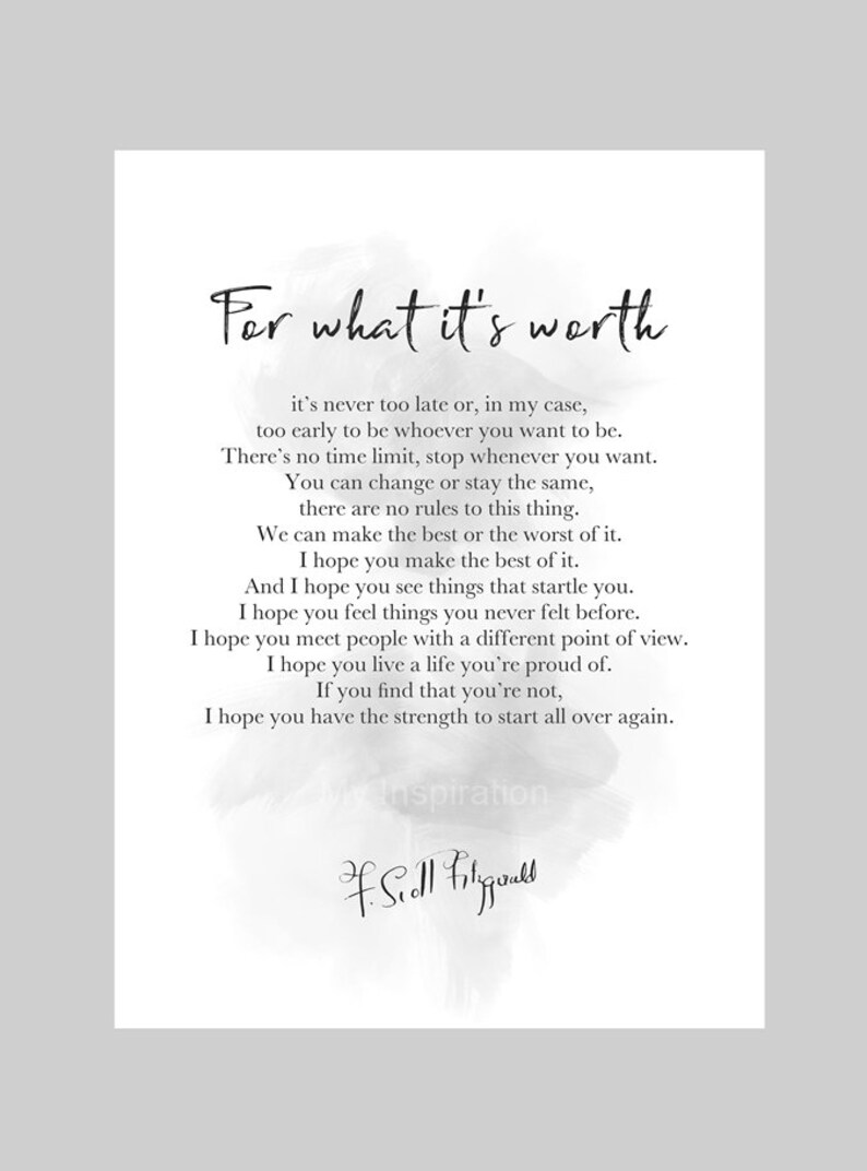 For What It's Worth, F. Scott Fitzgerald Poem ART PRINT Poetry ...