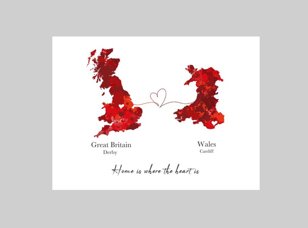 Personalised Two Country Map ART PRINT Long Distance Gift, Travel ...