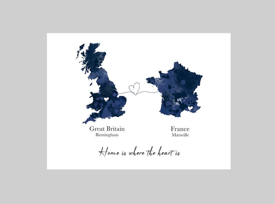 Personalised Two Country Map ART PRINT Long Distance Gift, Travel ...