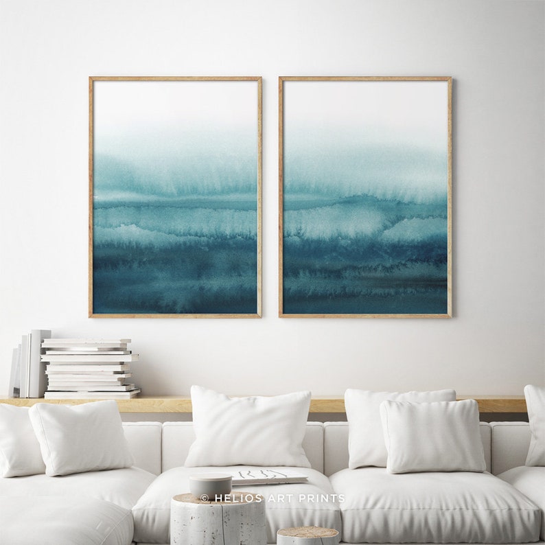 Set of 2 grey blue cloudscape watercolour modern art print. | Etsy