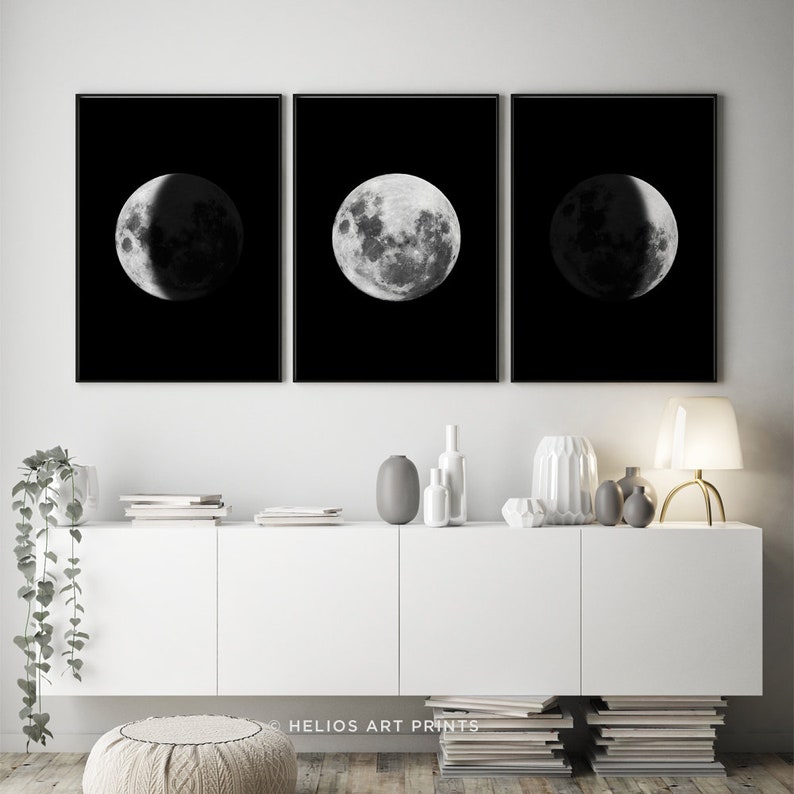 Set of three moon phase art prints Set of 3 lunar phases wall | Etsy
