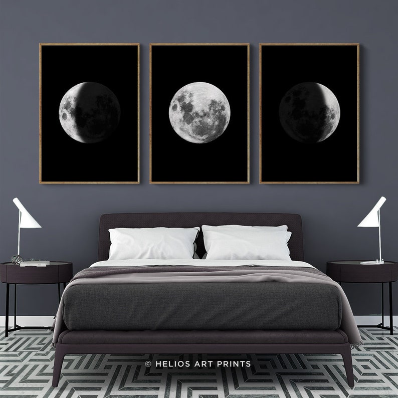Set of three moon phase art prints Set of 3 lunar phases wall | Etsy