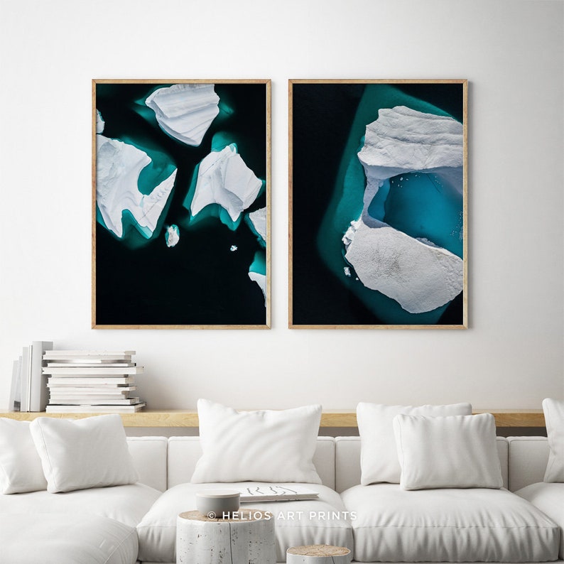 Set of Two Aerial Arctic Iceberg Modern Art Prints. Teal, Turquoise ...