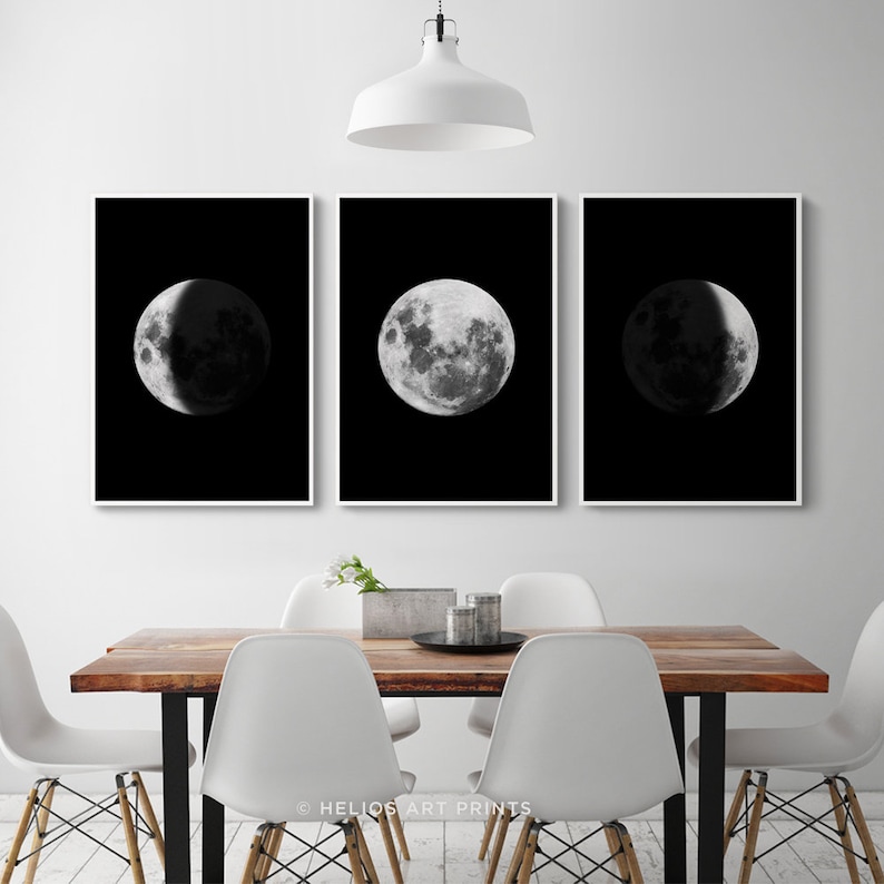 Set of three moon phase art prints Set of 3 lunar phases wall | Etsy