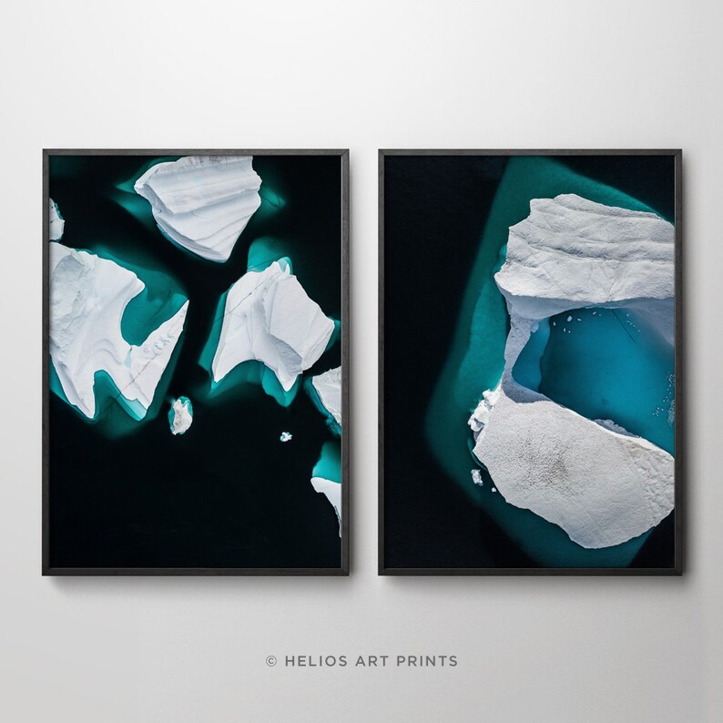 Set of Two Aerial Arctic Iceberg Modern Art Prints. Teal, Turquoise ...