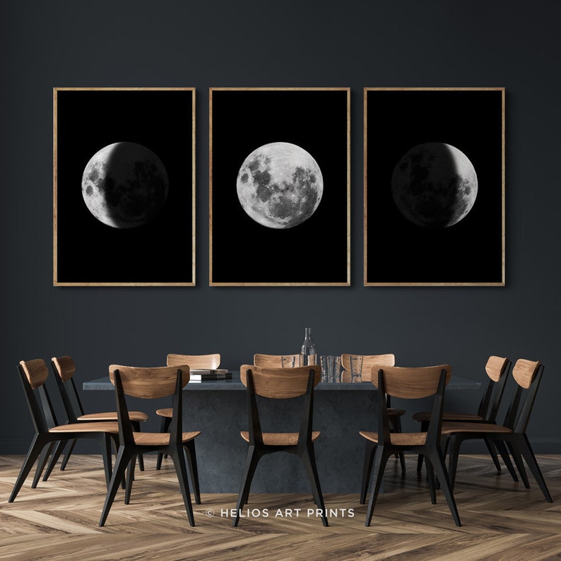 Set of three moon phase art prints Set of 3 lunar phases wall | Etsy