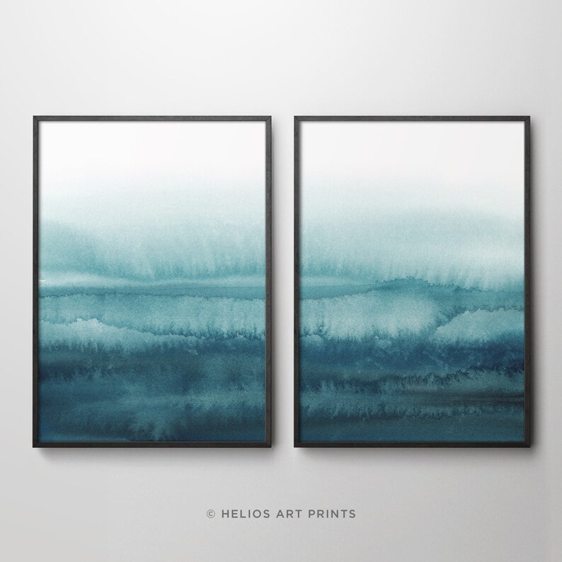 Set of 2 grey blue cloudscape watercolour modern art print. | Etsy