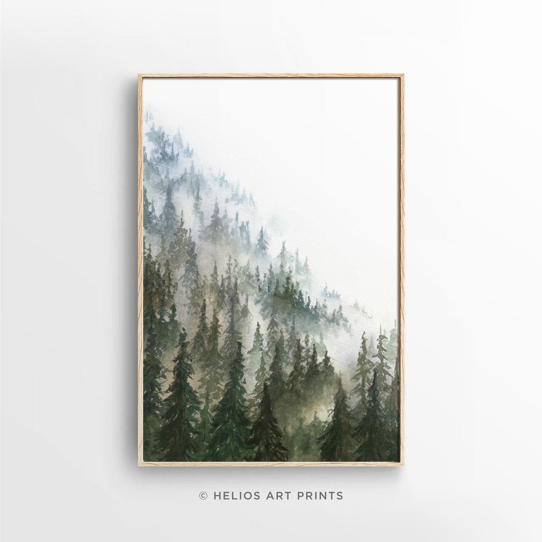 Misty Green Forest Watercolor Art Prints. Alpine Forest Watercolour ...