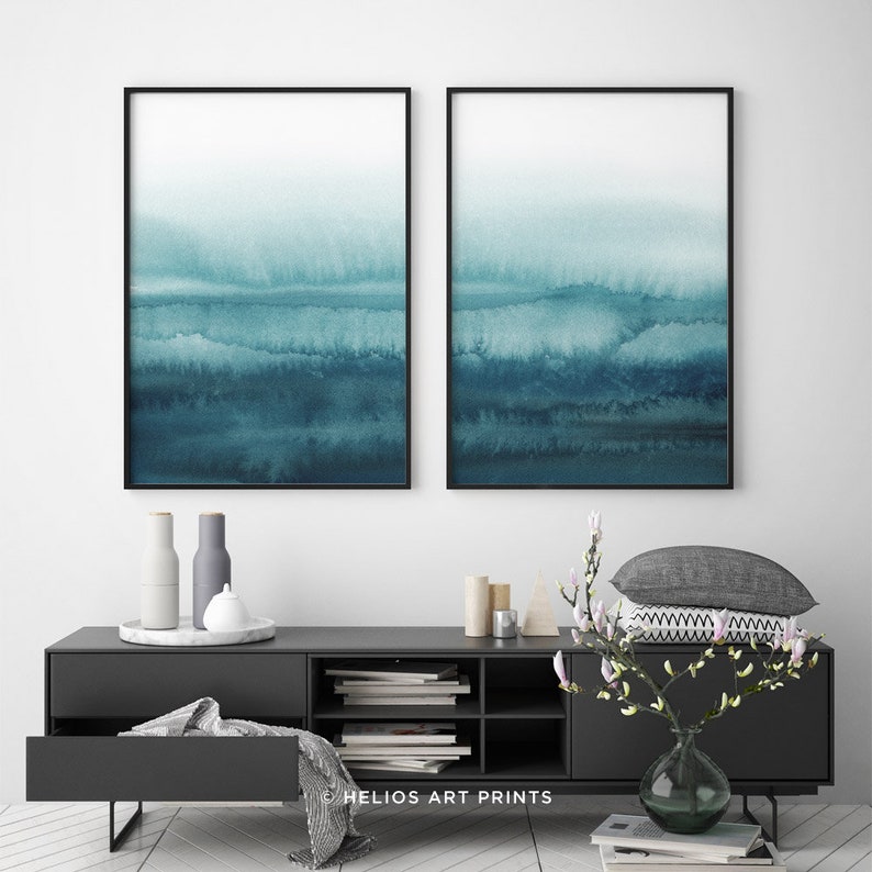 Set of 2 grey blue cloudscape watercolour modern art print. | Etsy