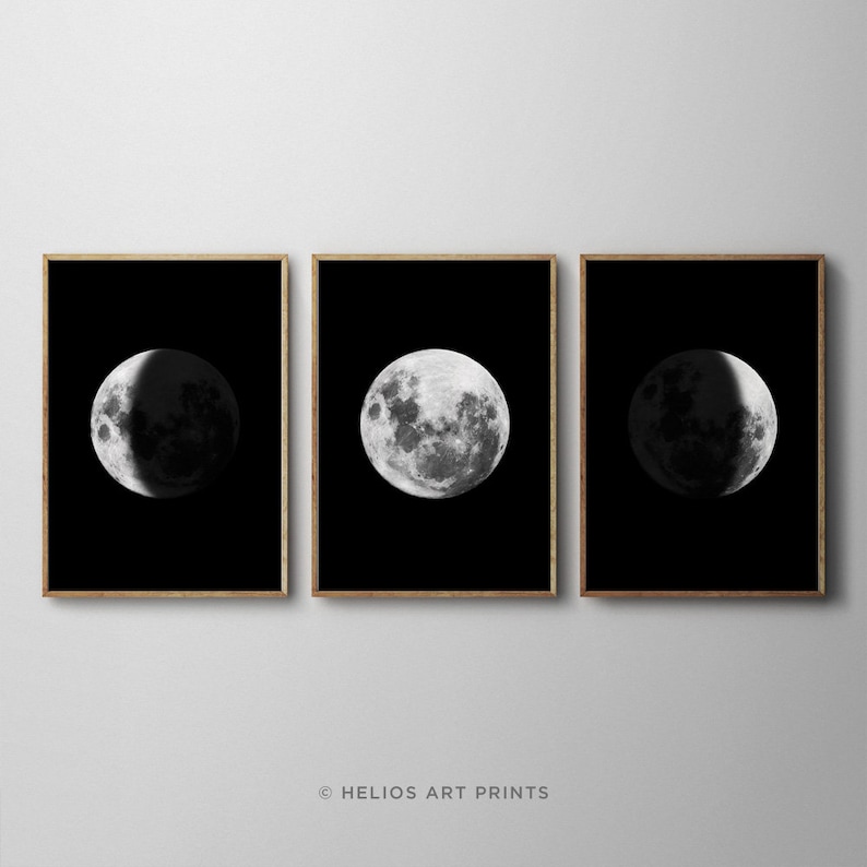 Set of three moon phase art prints Set of 3 lunar phases wall | Etsy