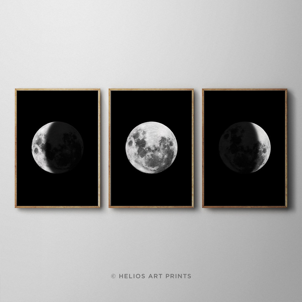 Set of three moon phase art prints Set of 3 lunar phases wall | Etsy